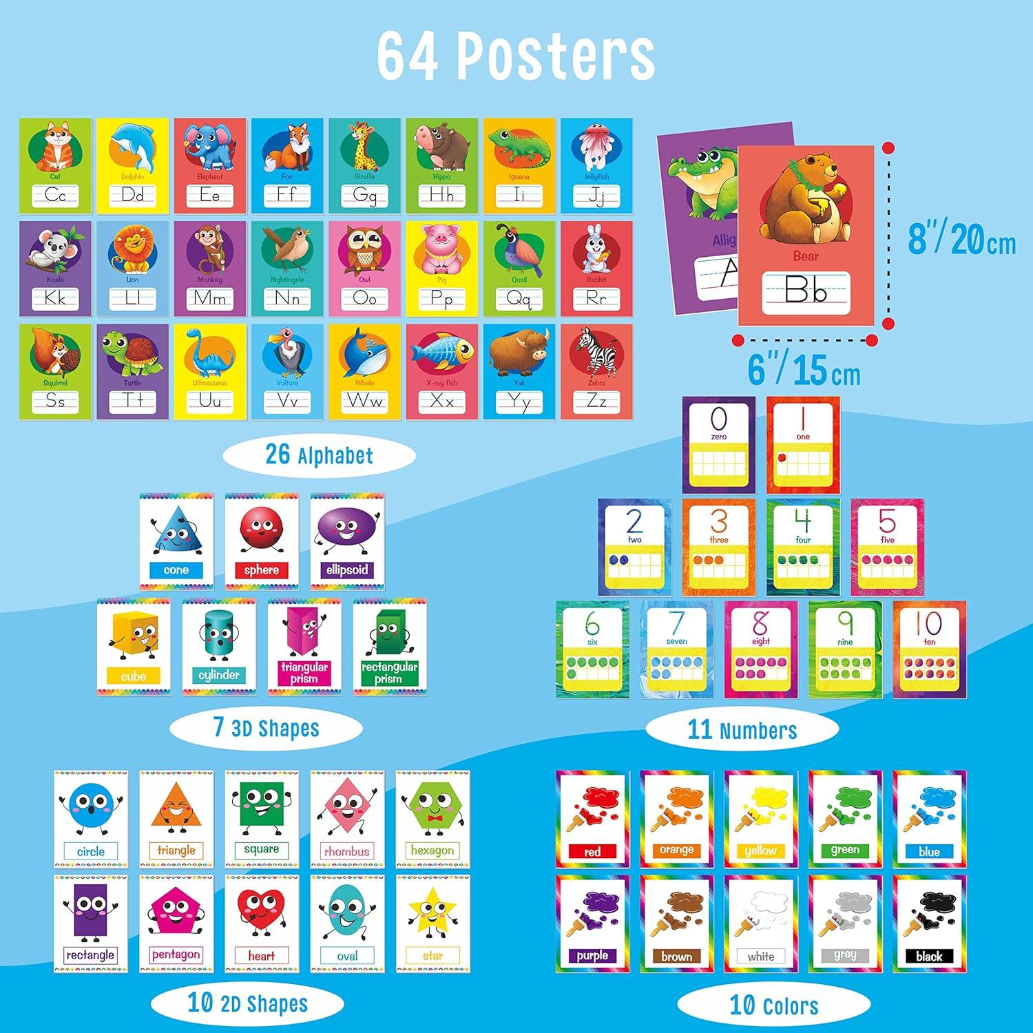 64 PCS Educational Cards, Laminated Water/Tear Proof Preschool Learning ...